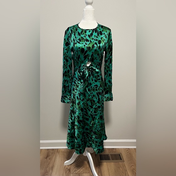 Influence | Dresses | Green Satin Leopard Print Long Sleeve Dress With ...